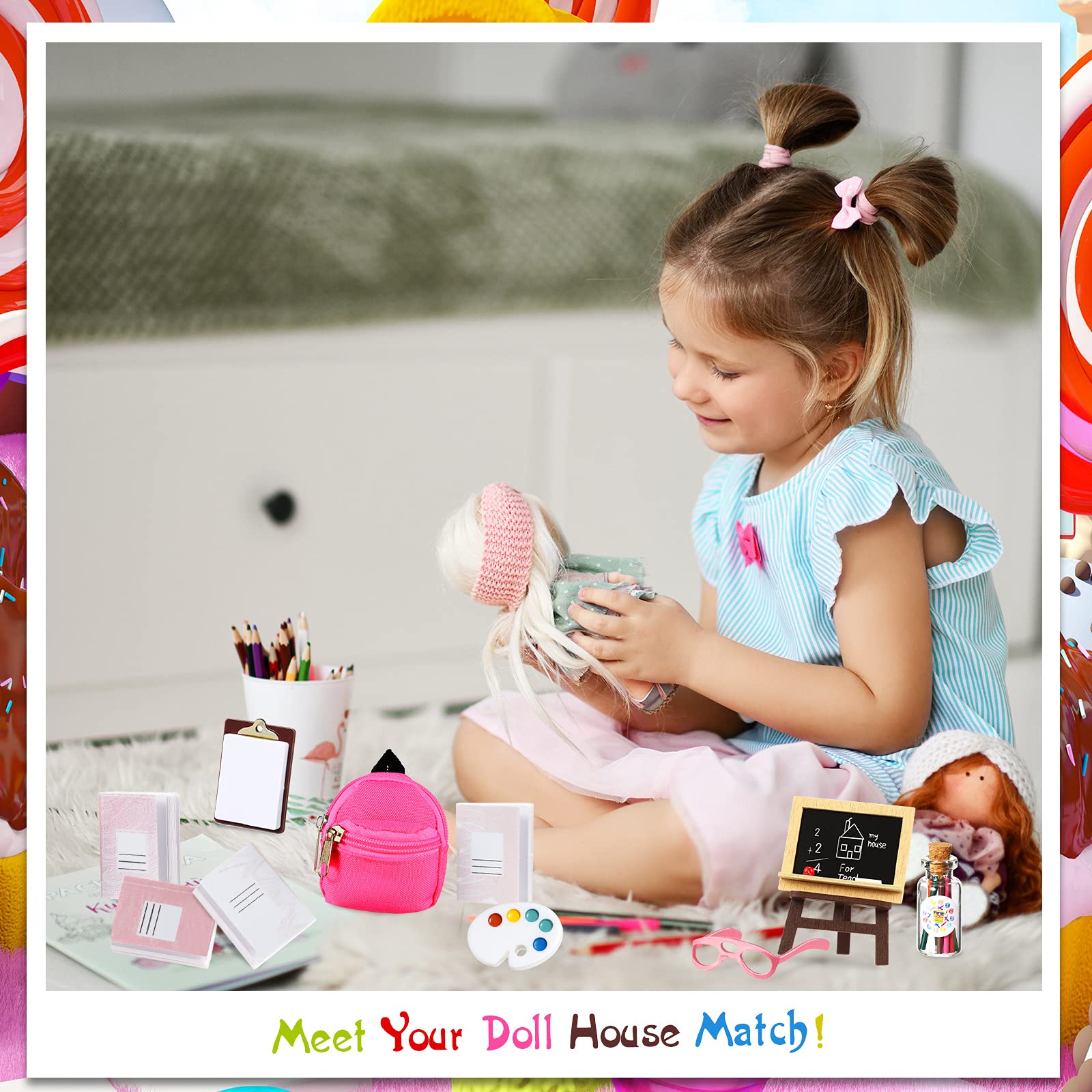 14 Pieces Mini Doll School Supplies for 11.5 inch Doll, Includes Mini Doll Backpack Glasses Blackboard Miniature Books Paper Clipboard Pencil Doll Rulers Doll Accessories(Cute Style)