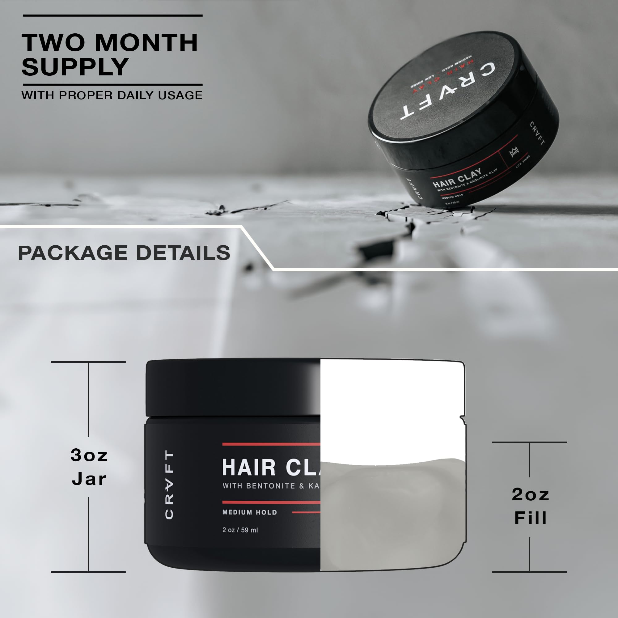 CRVFT Hair Clay 2oz | Medium Hold/Zero Shine Matte Finish | Add Volume & Texture | Ideal for Textured, Short & Medium Styles | Reworkable | [High Density] Clay Base, Stylist Approved [Unscented]