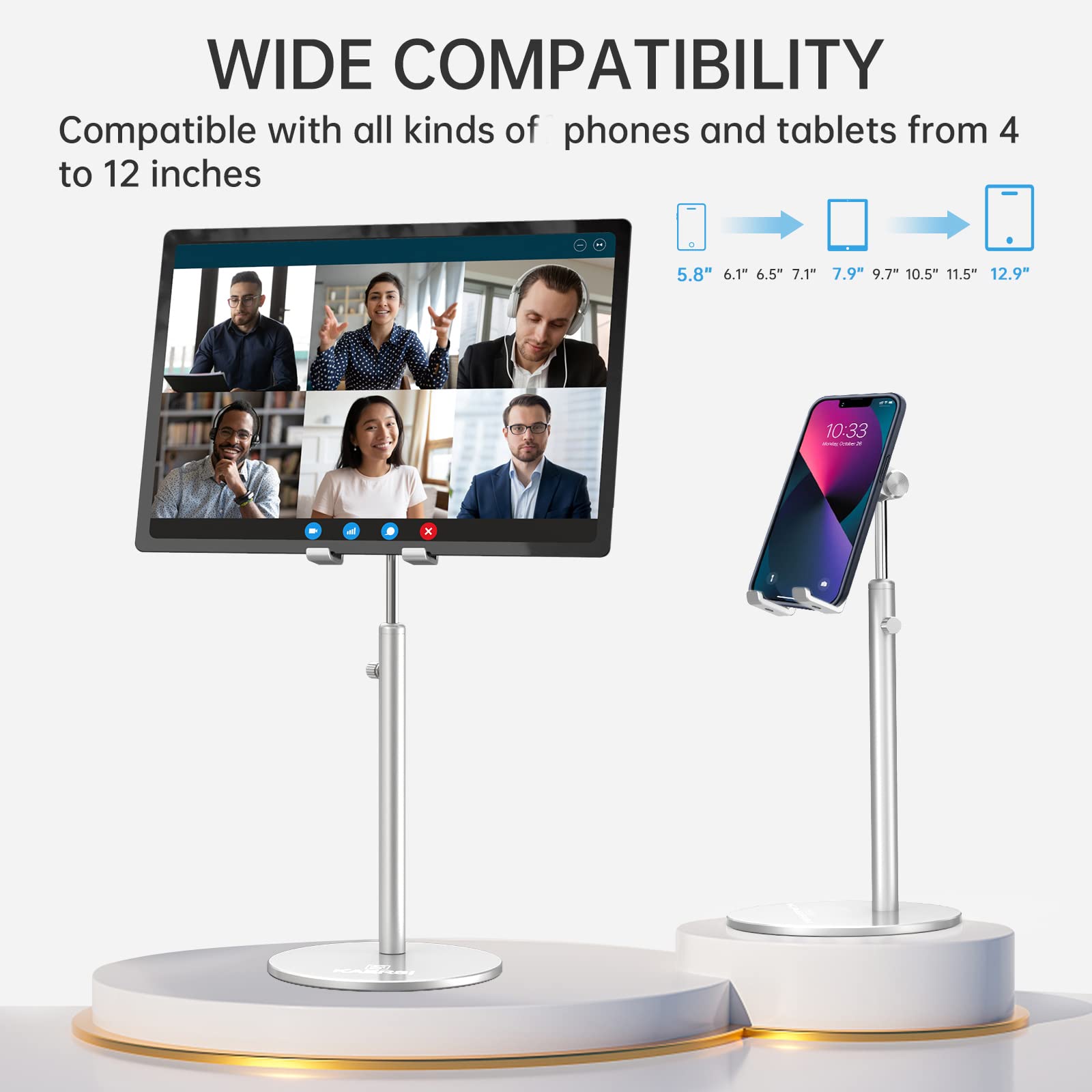 KAERSI Tablet Stand for Desk, Tablet Stand Phone Holder Adjustable Height Compatible with iPhone Pro 11, 9.7, 10.5 Air Mini 4 3 2, Kindle, E-Reader, All Phones (4-12'') - Silver