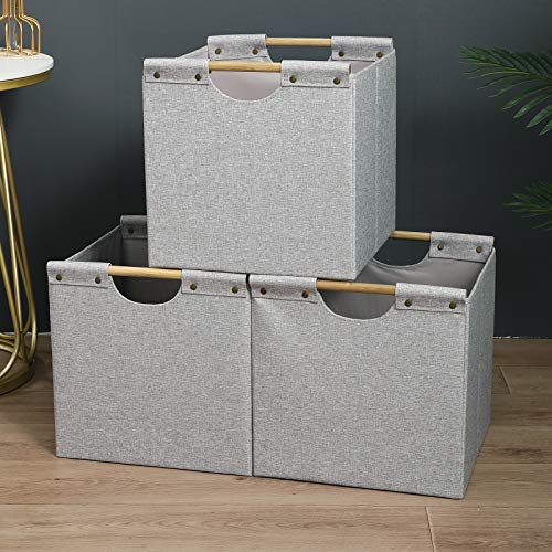 HOONEX Collapsible Storage Bins, 13x13x13in Storage Cubes Linen Fabric, 3 Pack, Storage Baskets with Wooden Carry Handles and Sturdy Heavy Cardboard, for Home, Office, Car, Nursery, Light Grey
