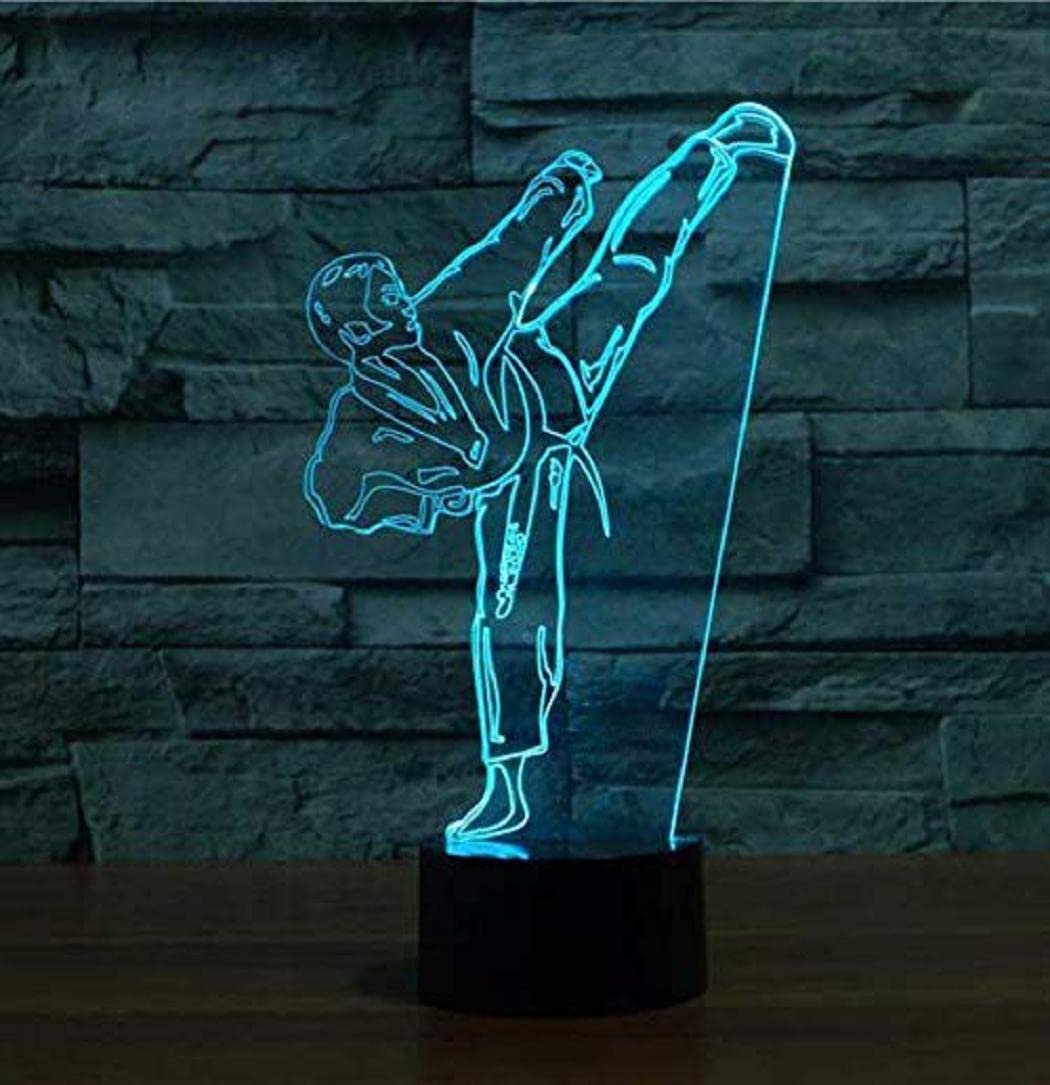 3D Gradient Karate Taekwondo Night Light Remote Control Touch Switch 16 Color Change LED Table Desk Lamp Acrylic Flat ABS Base USB Charger Home Decoration Toy Birthday Xmas Kid Children Gift