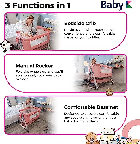 BABY K Baby Bassinet Bedside Sleeper (Pink) - 3 in 1 Bedside Bassinet Crib Attach To Bed - Convertible Bassinet With Breathable Attached Mesh Side and Mattress - Baby Co Sleeper For Bedside For Infant
