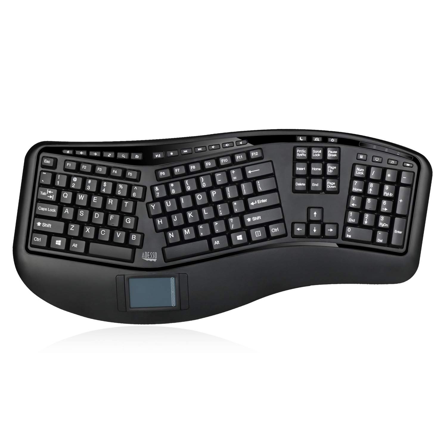 Adesso WKB-4500UB - Wireless Ergonomic Desktop Touchpad Keyboard, Split Keys Design, Palm Rest, Media Control Hotkeys, Long Battery Life - Compatible for Laptop/Desktop, Black