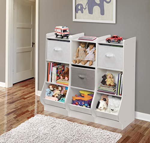 Badger Basket Upright Storage Nook with Reversible Basket, White, Melamine Surface, 2 Shelves, 1 Angled Bin, Customizable Storage Solution for Kids
