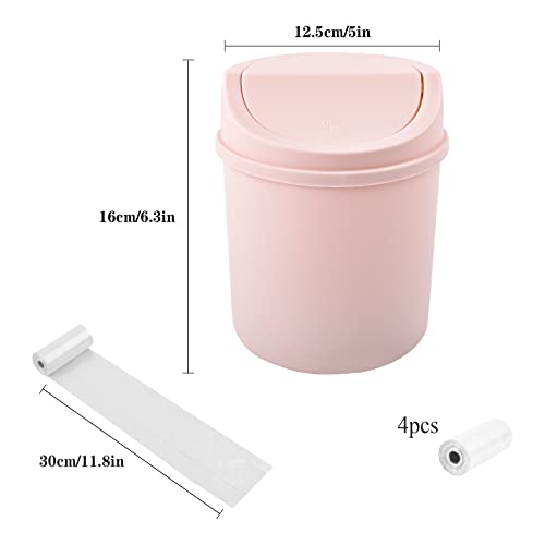 2 Pcs Small Trash Can with Lid,Mini Trash Can with 4 Rolls of Small Trash Bags,3L Tiny Desktop Waste Basket Garbage Bin for Home, Office, Kitchen, Vanity, Tabletop, Bedroom, Bathroom(White + Pink)