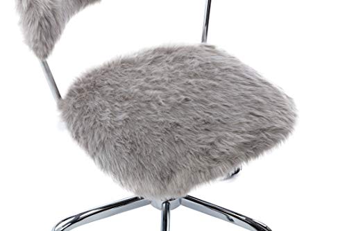 Grey Comfy Home Office Chair, Modern Cute Fluffy Armless Task Chair with Wheels, Faux Fur Upholstery