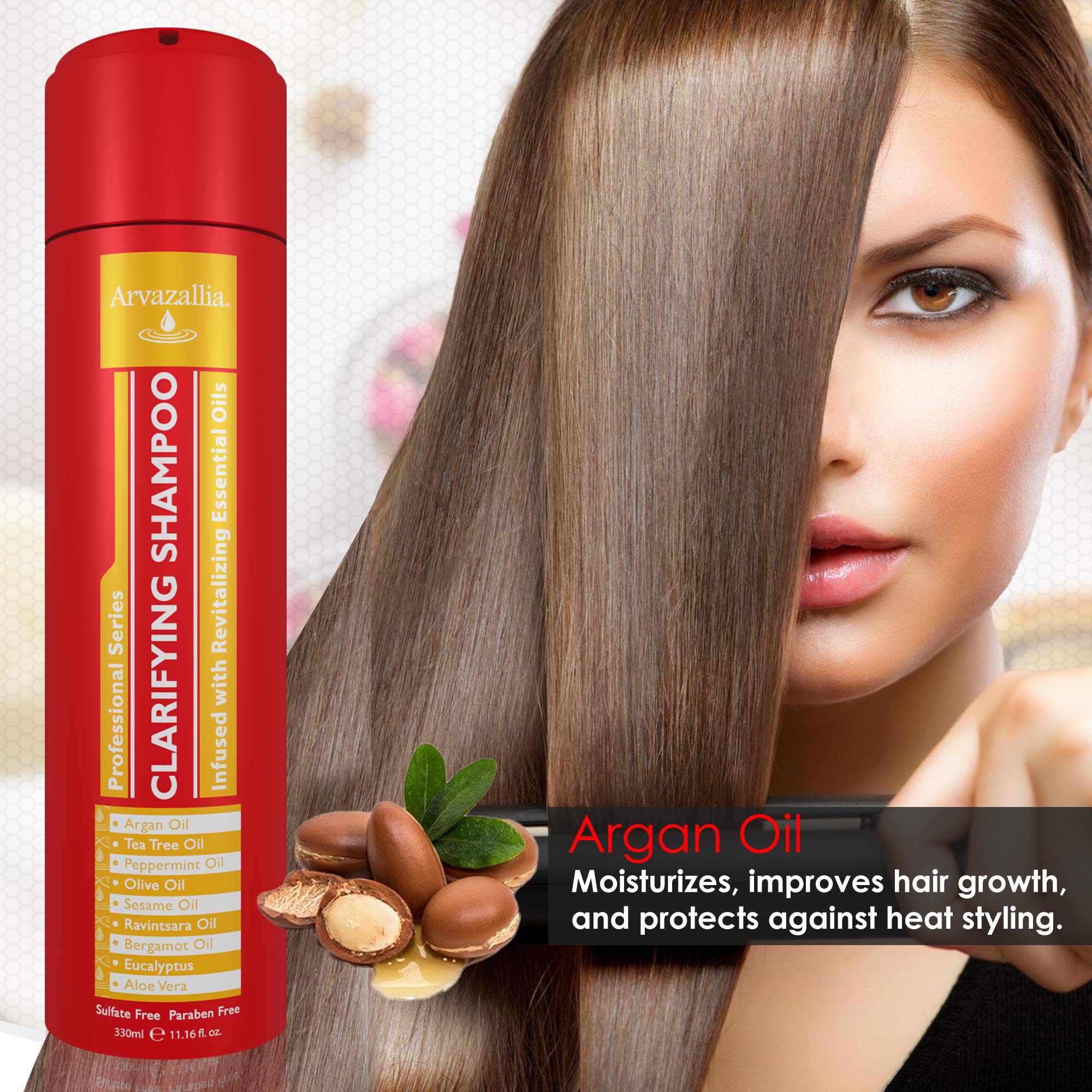 Arvazallia Clarifying Shampoo with Revitalizing Essential Oils - Professional-Grade Anti-Residue Cleanser Infused with Argan, Tea Tree, Peppermint, Olive, Sesame Oils, and Aloe
