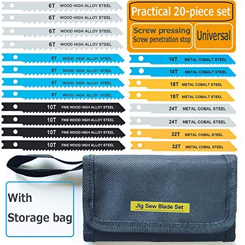 20-Piece Universal Jig Saw Blade Set for Wood,Plastic and Metal Cutting with Tool Bag Universal Design fits All Name Brand and Import jig saws