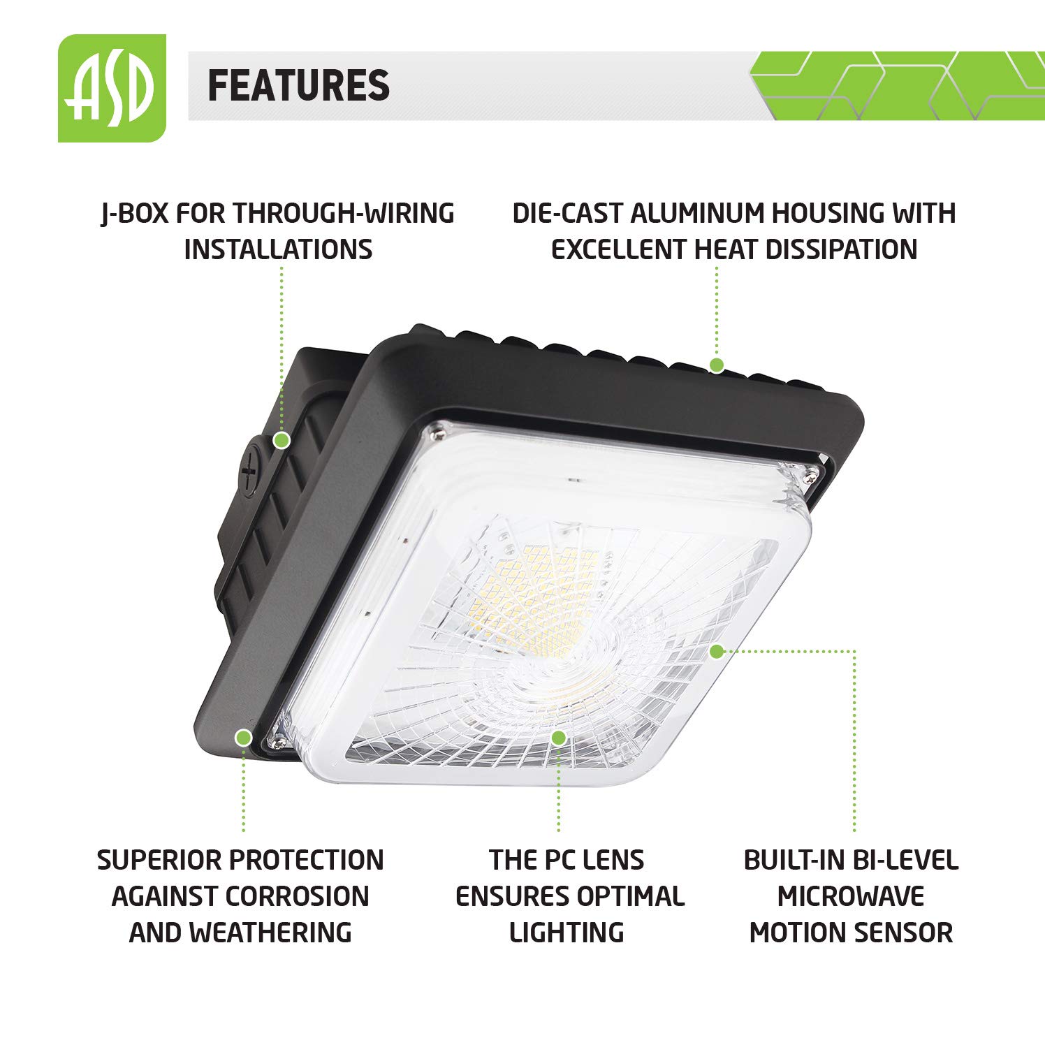 ASD Bronze LED Canopy Light with Motion Sensor 55W 7305Lm 4000K Dimmable IP65 Outdoor Ceiling Lights with J-Box - Carport Light Fixture - Gas Station and Garage Light - LED Parking Lot Light UL & DLC