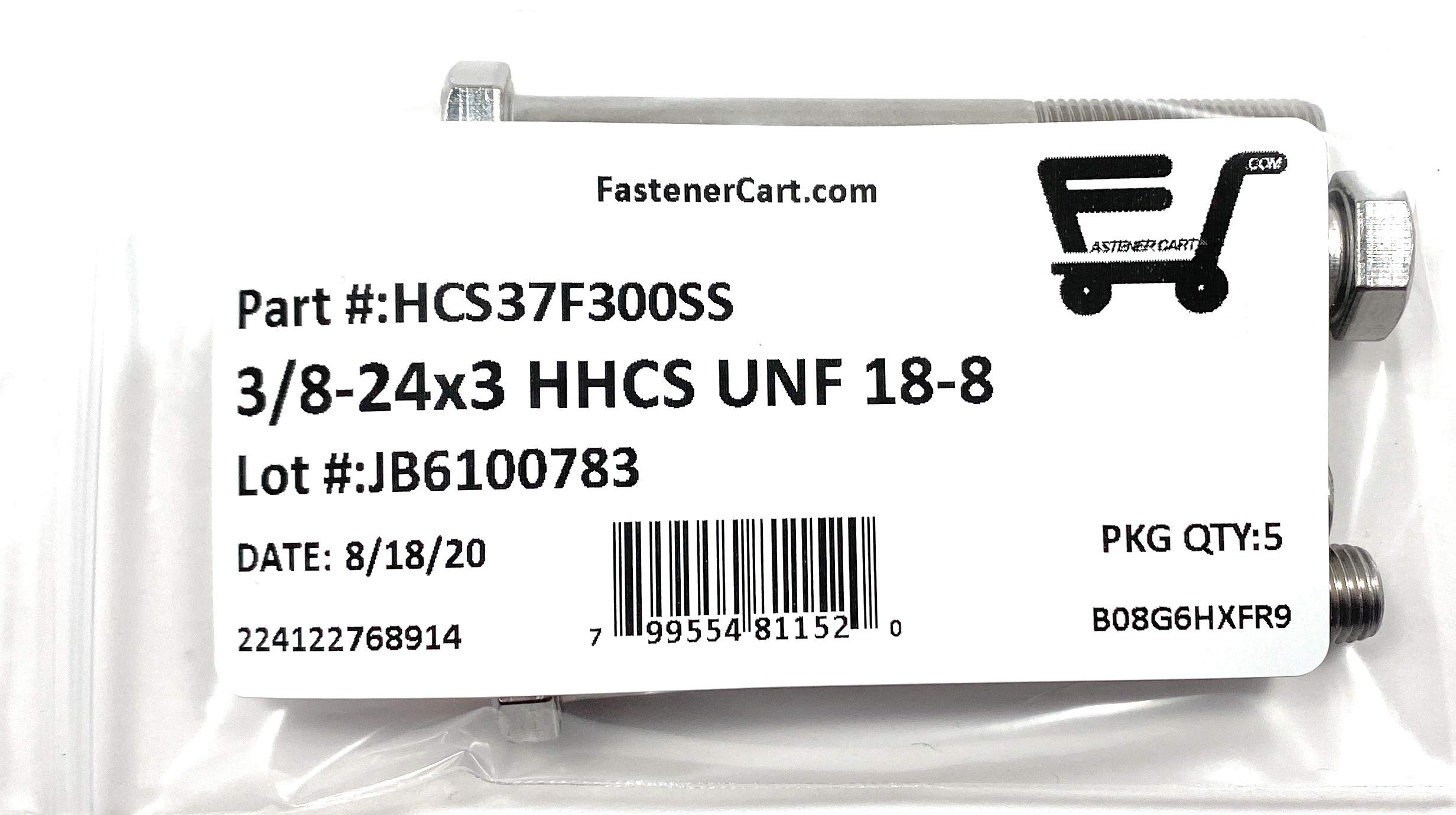 3/8-24x3 Stainless Steel Hex Cap Screws Hex Bolts 18-8 (UNF) FINE Thread - (5 pcs)