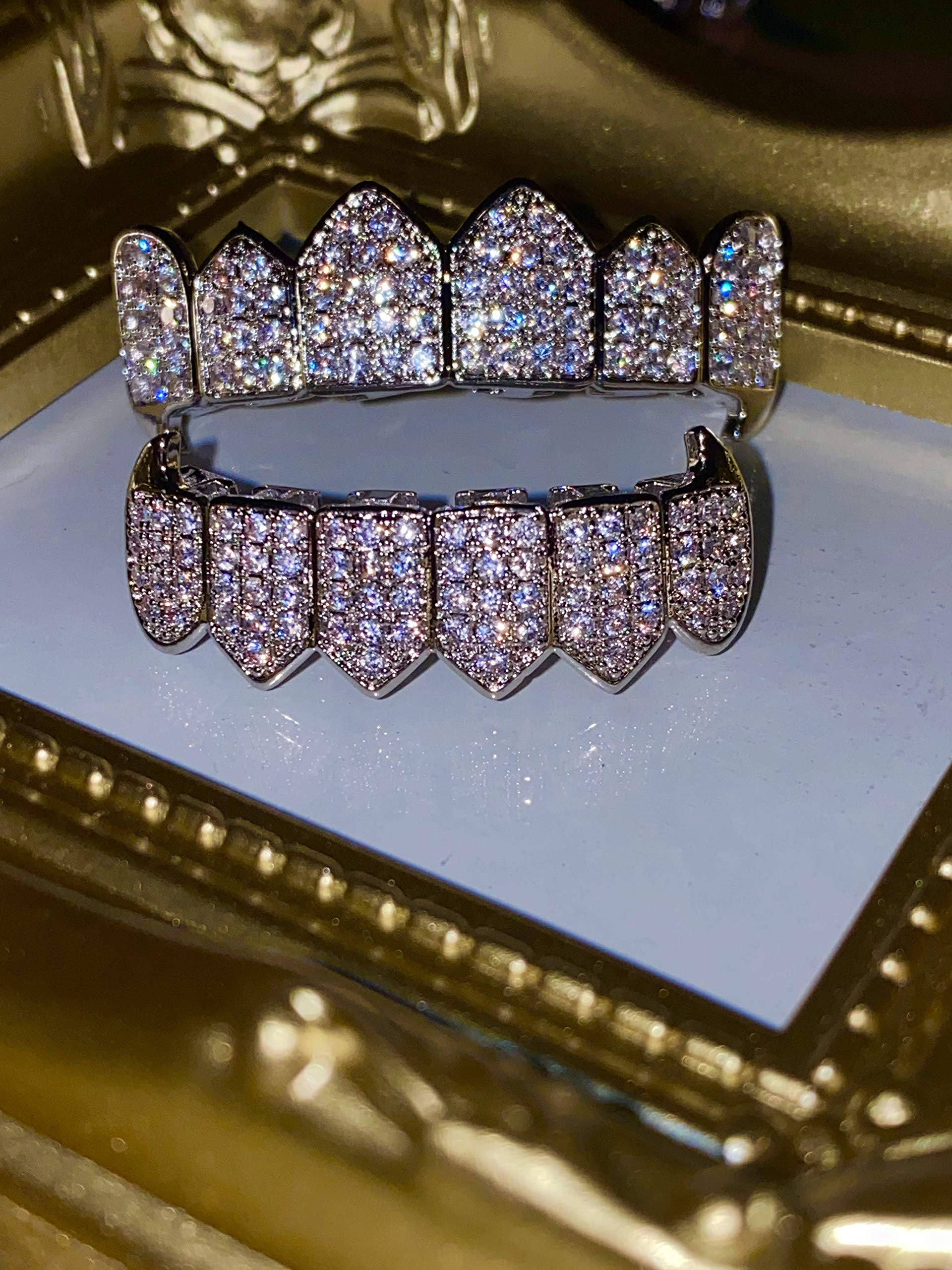 18K White Gold Plated CZ Cluster Custom Slugs Top Bottom GRILLZ Fangs Mouth Teeth Grills Set - Grillz, Teeth Cap, Iced Out Grillz (Top & Bottom Set)