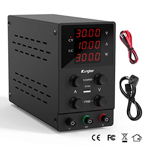 Kungber DC Power Supply Variable, 30V 10A Adjustable Switching Regulated DC Bench Linear Power Supply with 4-Digits LED Power Display 5V/2A USB Output, Coarse and Fine Adjustments with Alligator Leads