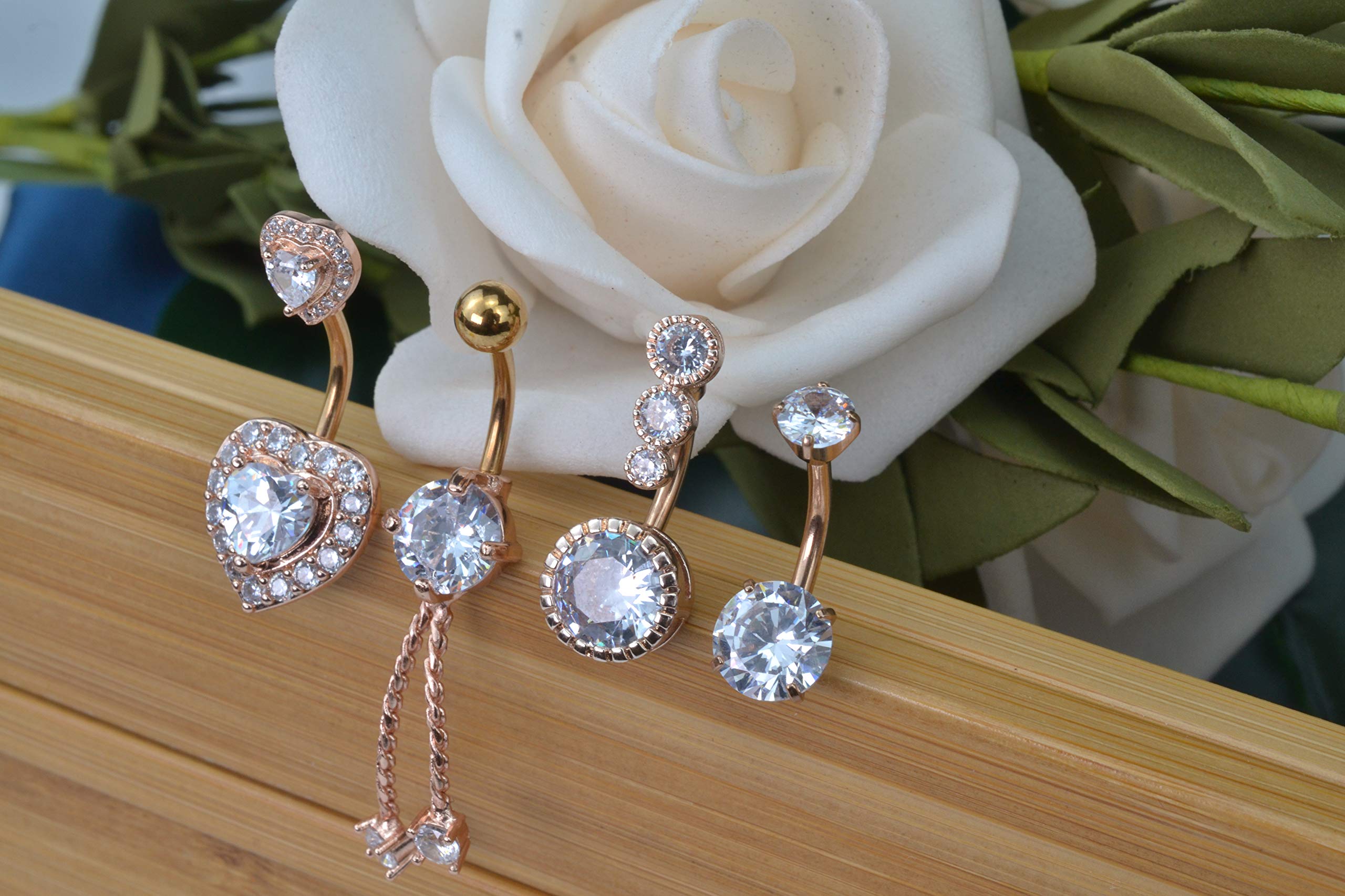14G Surgical Steel Belly Button Rings Round/Love Heart Clear CZ Navel Curved Barbell Studs Sexy Body Piercing (4PCS - Rose Gold)