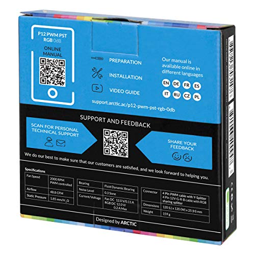 ARCTIC P12 PWM PST RGB - PC Fan, 120mm PWM Case Fan Optimized for Static Pressure, Semi-Passive: 200β2000 RPM (0 RPM <5%), 12V 4 pin RGB LED, Single Fan - Black