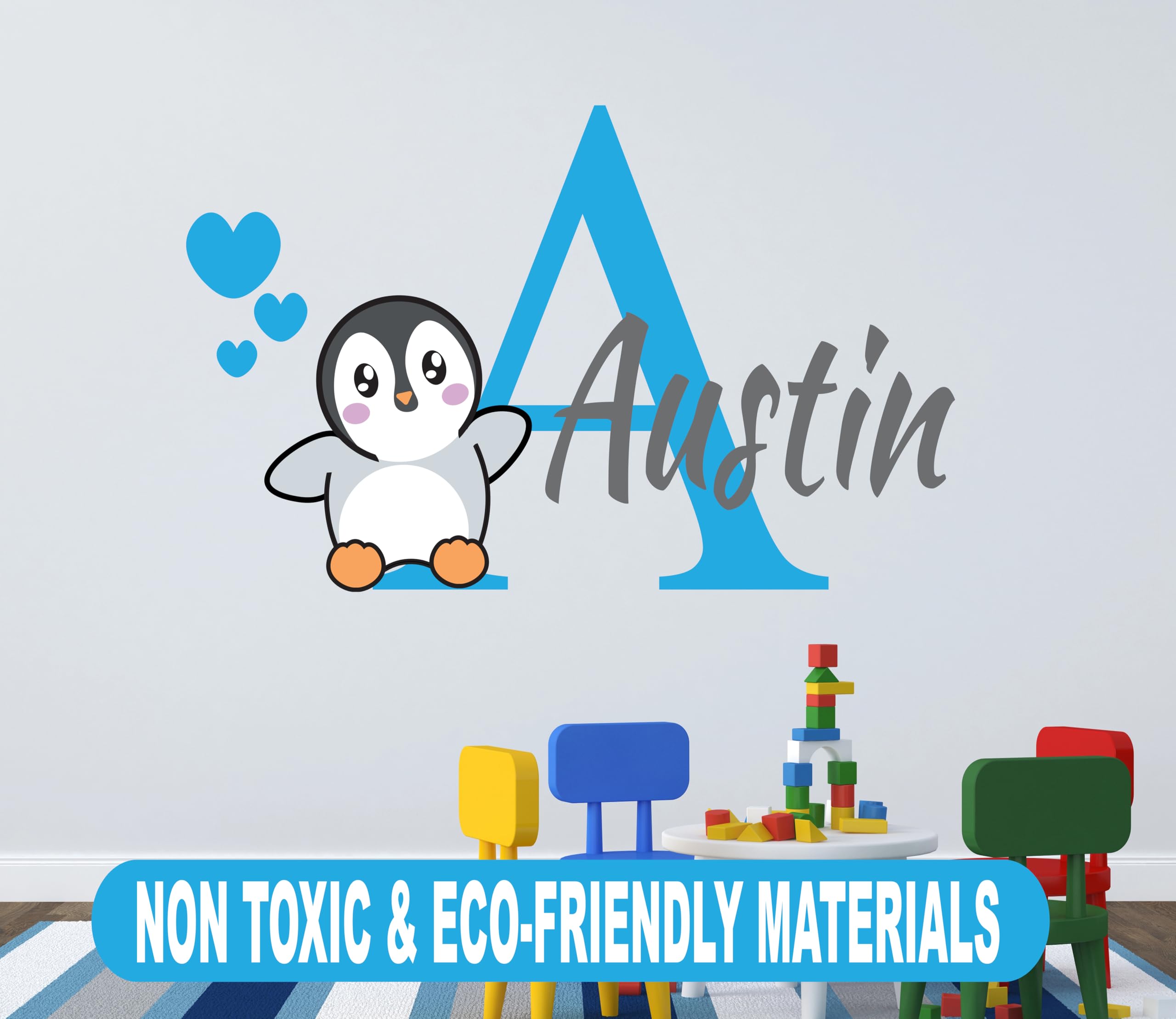 CuteDecals Love Penguin Custom Name - Personalize Penguin Name Wall Art - Unisex Wall Decal for Nursery Playroom Bedroom Decoration (Wide 16Inx9In Height)