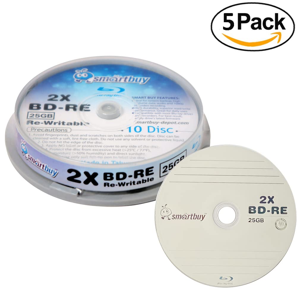 50 Pack Smartbuy 2X 25GB Blue Blu-ray BD-RE Rewritable Branded Logo Blank Bluray Disc