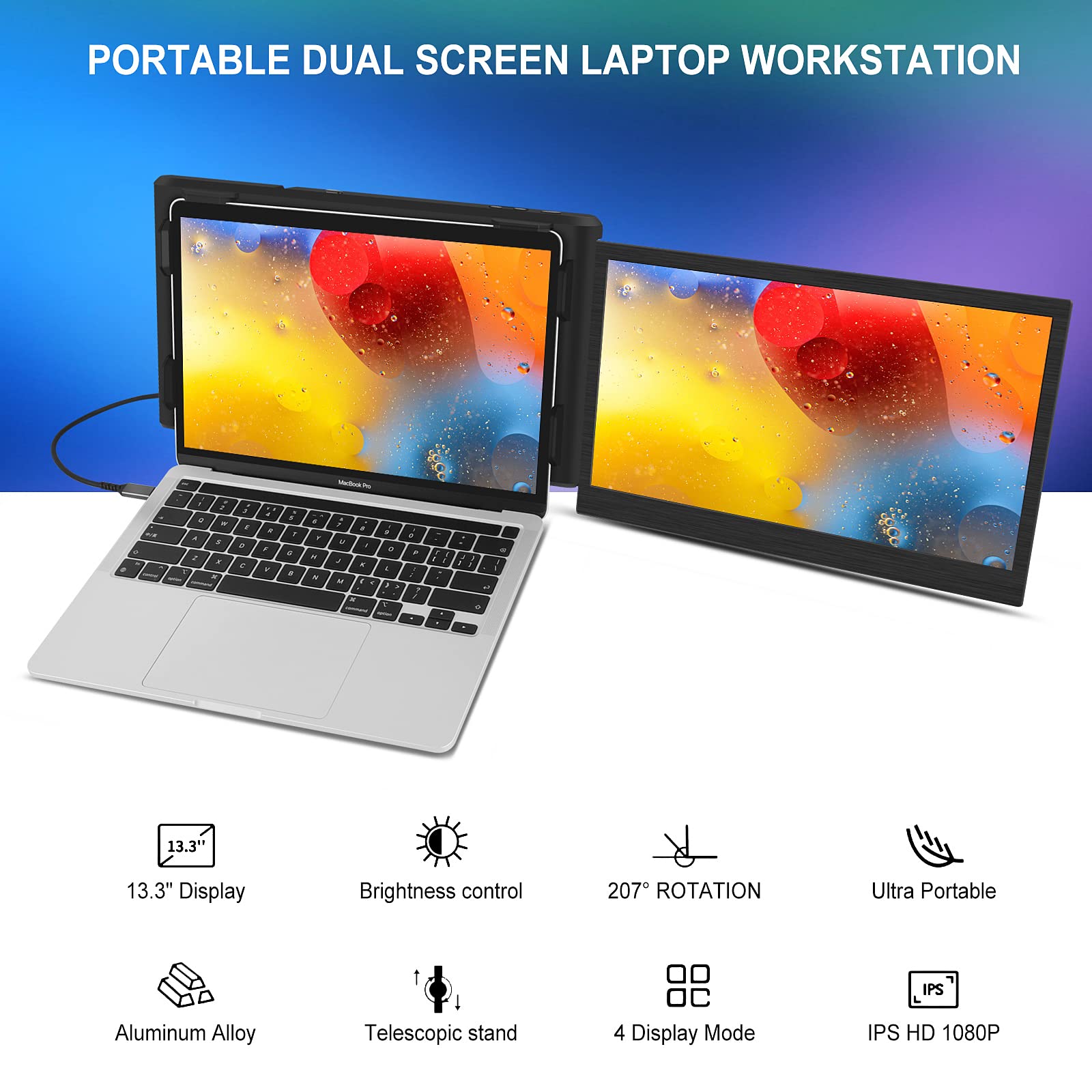 13.3inch Dual Portable Monitor, Laptop Screen Extender for 13.3-16 inch Mac Windows Notebook Phone