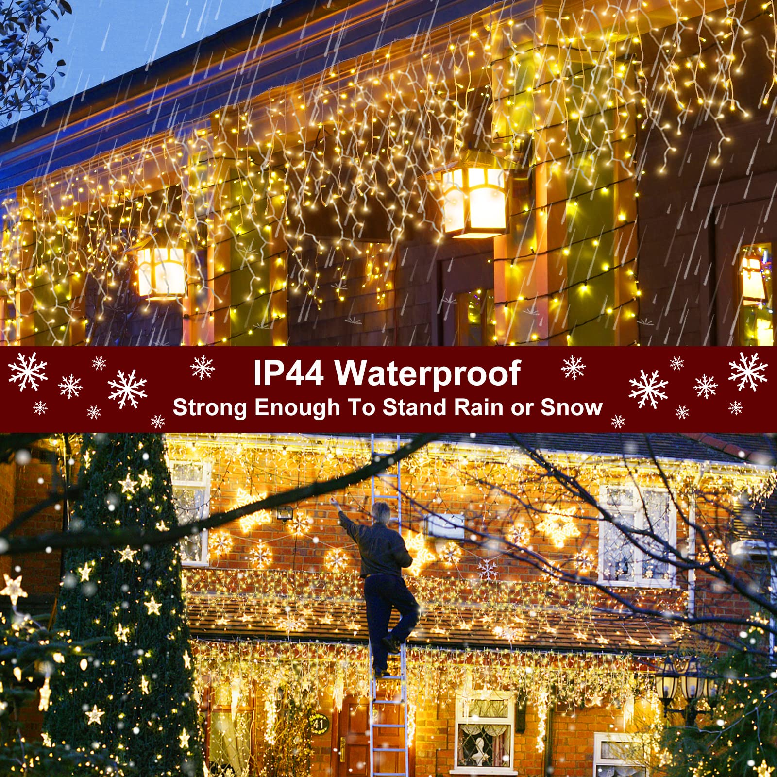 456 LED Christmas Icicle Lights Outdoor Decor 35.4Ft 72 Drops 8 Modes Plug In Window Curtain Fairy String Lights Dripping Icicle Lights Christmas Decoration Home Holiday Indoor Eave Garden(Warm White)