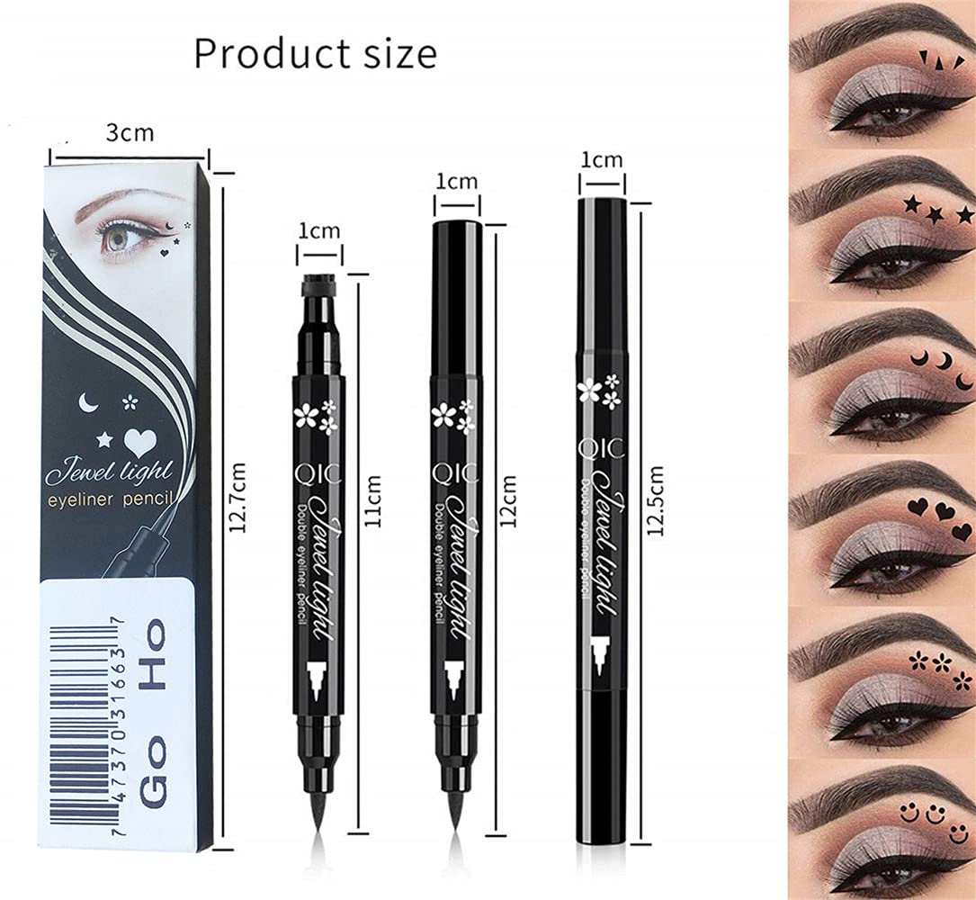 Go Ho 6 PCS Eyeliner Stamps,Double-sided Super Slim Gel Felt Tip High Black Eye Liner Pen,Waterproof Smudge-Proof Smooth Eyeliner Makeup Tools(6 Shapes)