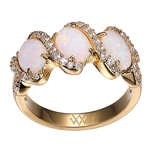 18k Yellow Gold Plated Sterling Silver Created Opal Cubic Zirconia Three-Stone Ring, Size 7