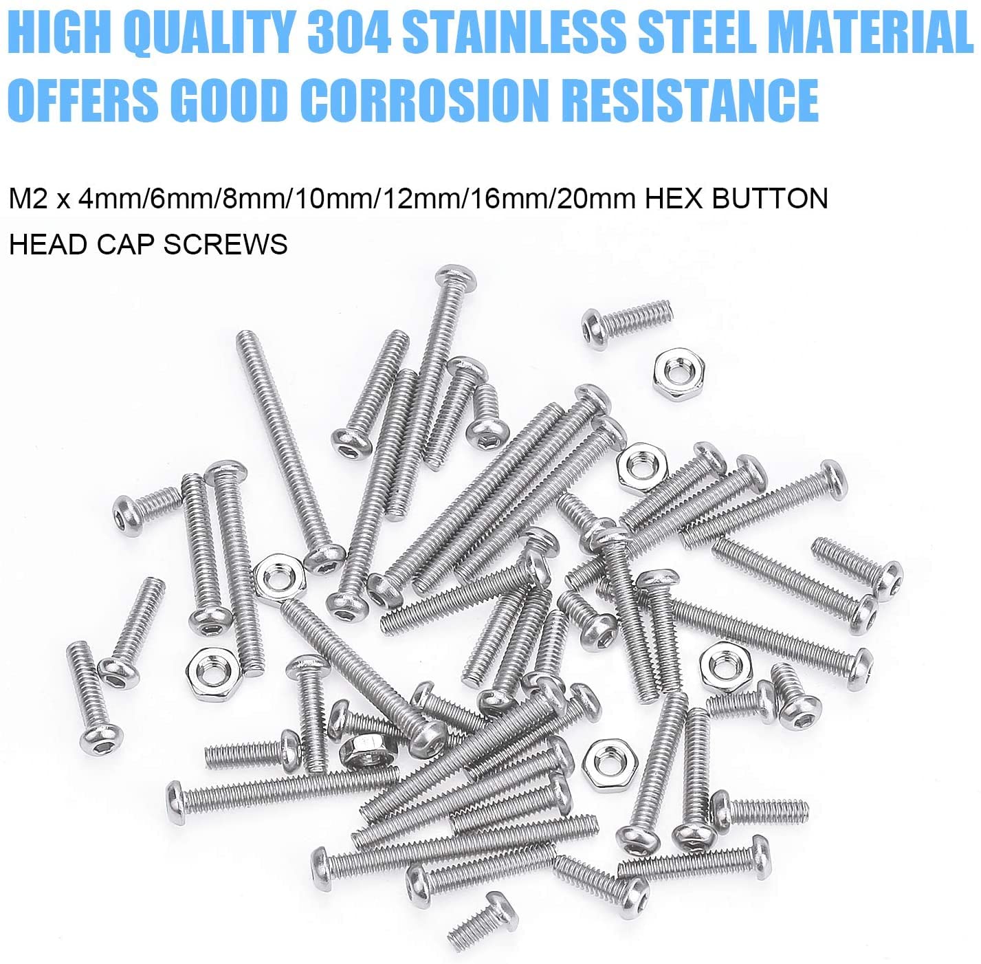 DYWISHKEY 310 Pieces M2 x 4mm/6mm/8mm/10mm/12mm/16mm/20mm, Stainless Steel 304 Hex Button Head Cap Bolts Screws Nuts Kit with Hex Wrench