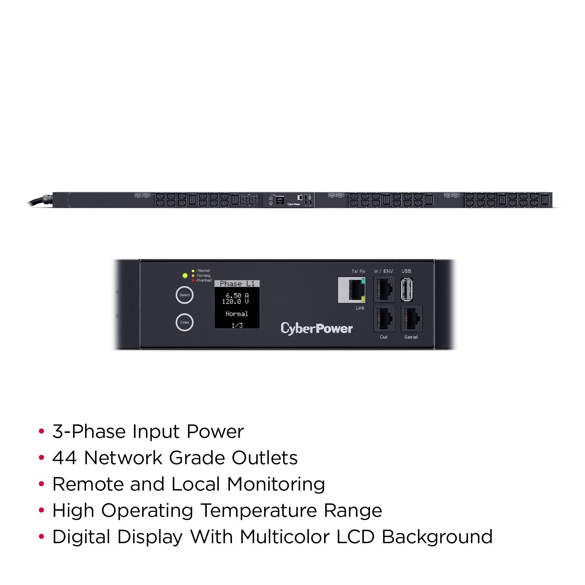 CyberPower PDU33103 Monitored 3 Phase PDU, 208V, 20A (Derated 16A), 44 Outlets, 0U Rackmount