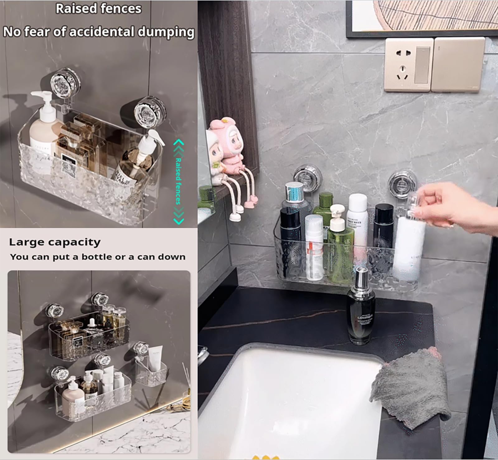 2024 Suction Shower Caddy, Light Luxury Style Glacier Pattern Suction Cup Shelf Multifunctional Bathroom Shower Basket Wall Mounted Organizer Shelf Removable Shower Basket for Home (Small+Large)
