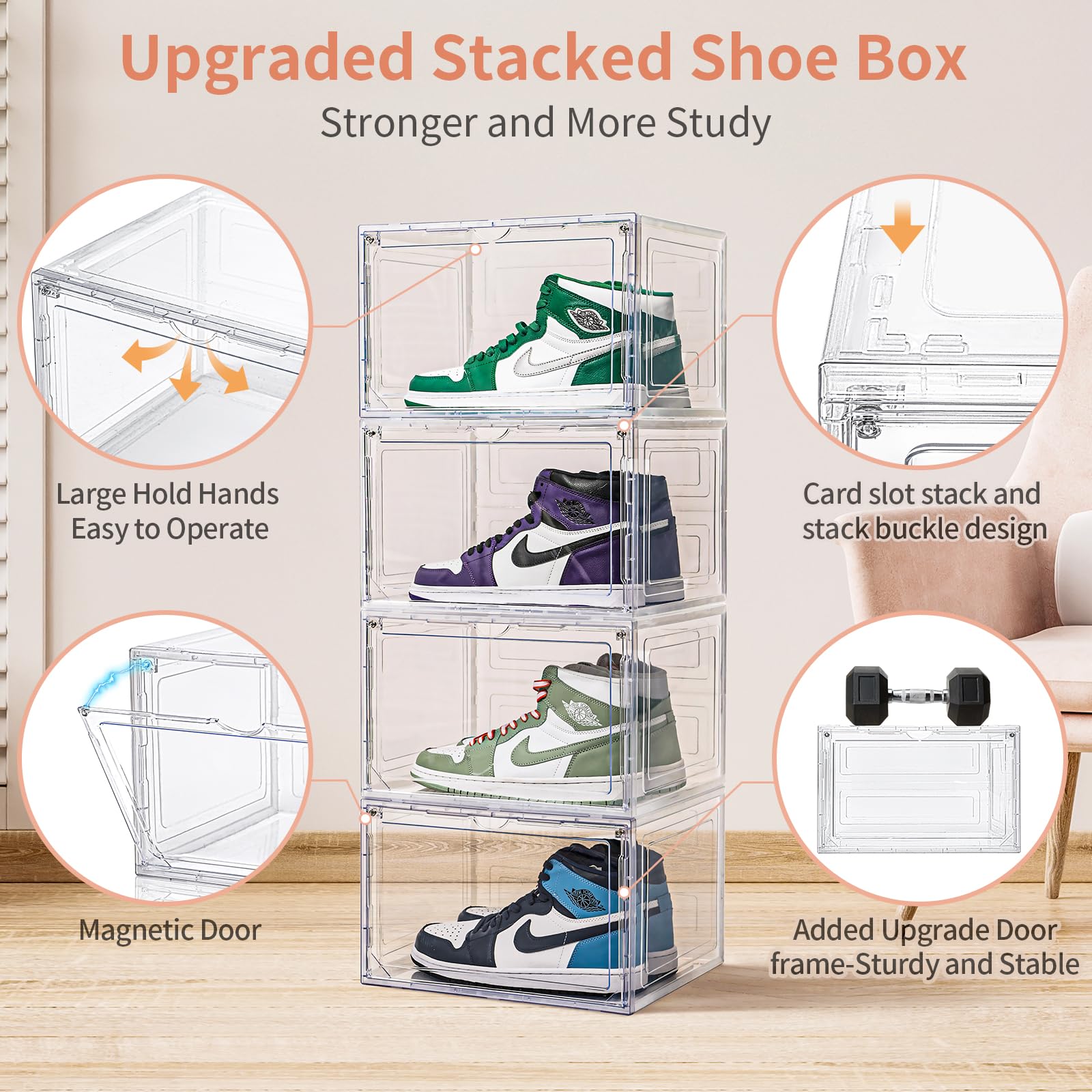 12 Pack Clear Shoe Boxes Stackable,Large Shoe Storage Organizer with Magnetic Door,Drop Side Shoe Containers for Entryway,Sneaker Storage Fit up to US Size 13 for Men/Women(13’’x 10.62”x 8.26”)
