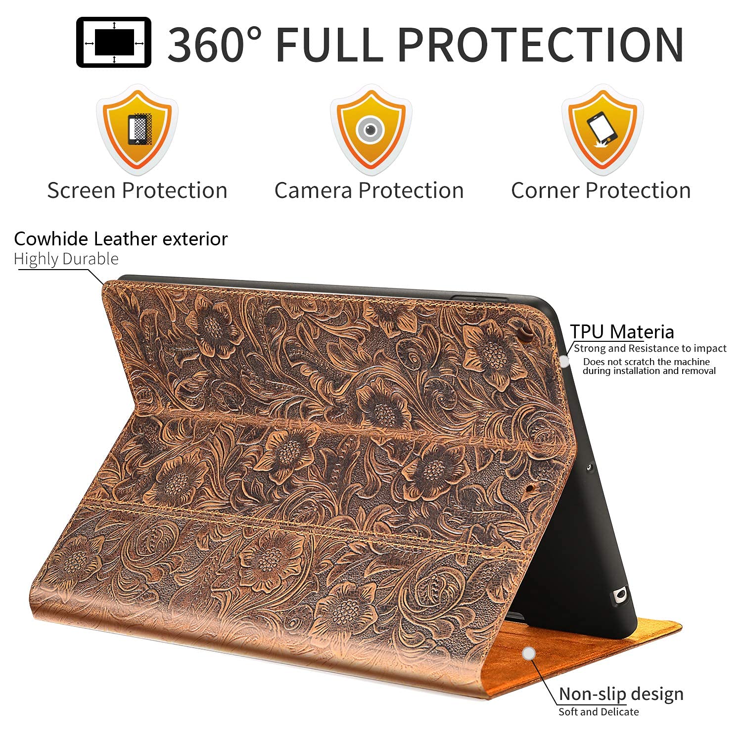 Gexmil Leather Case for iPad 10.2 inch 9th/8th/7th Gen. 2021/2020/2019 with Pencil Holder, Genuine Leather Cover Auto Sleep/Wake,Smart Folio Shockproof Protective,Anti-Fingerprint,Flower Brown