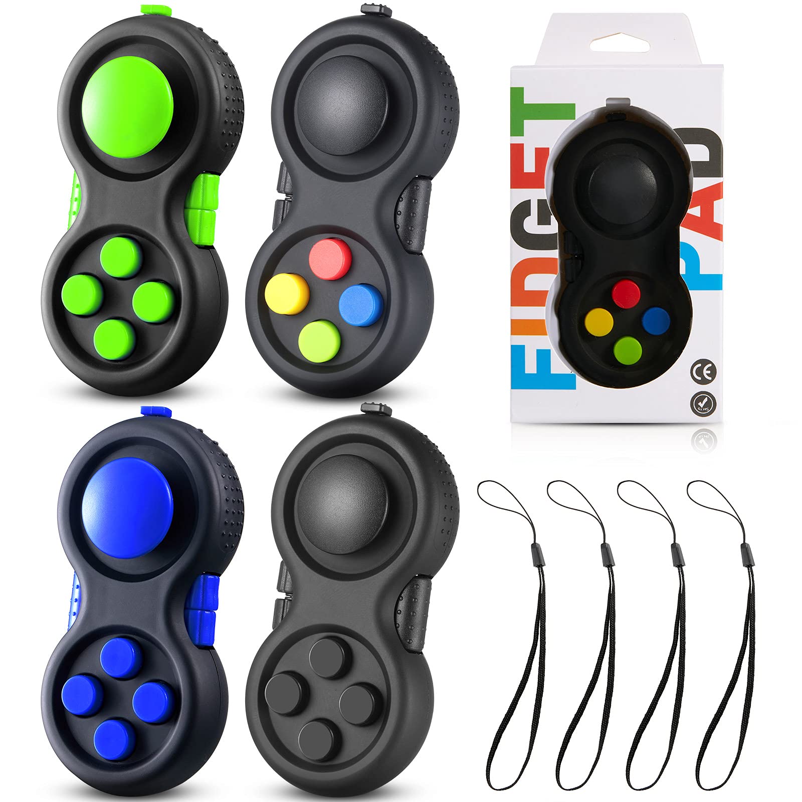 4 Pieces Fidget Game Controller Pad, Keychain Fidget for Adults Teens, Mini Handheld Cam Fidget Pad Cube Anxiety and Stress Relief Sensory Toy with 8 Fun Features and Lanyard (Assorted Colors)
