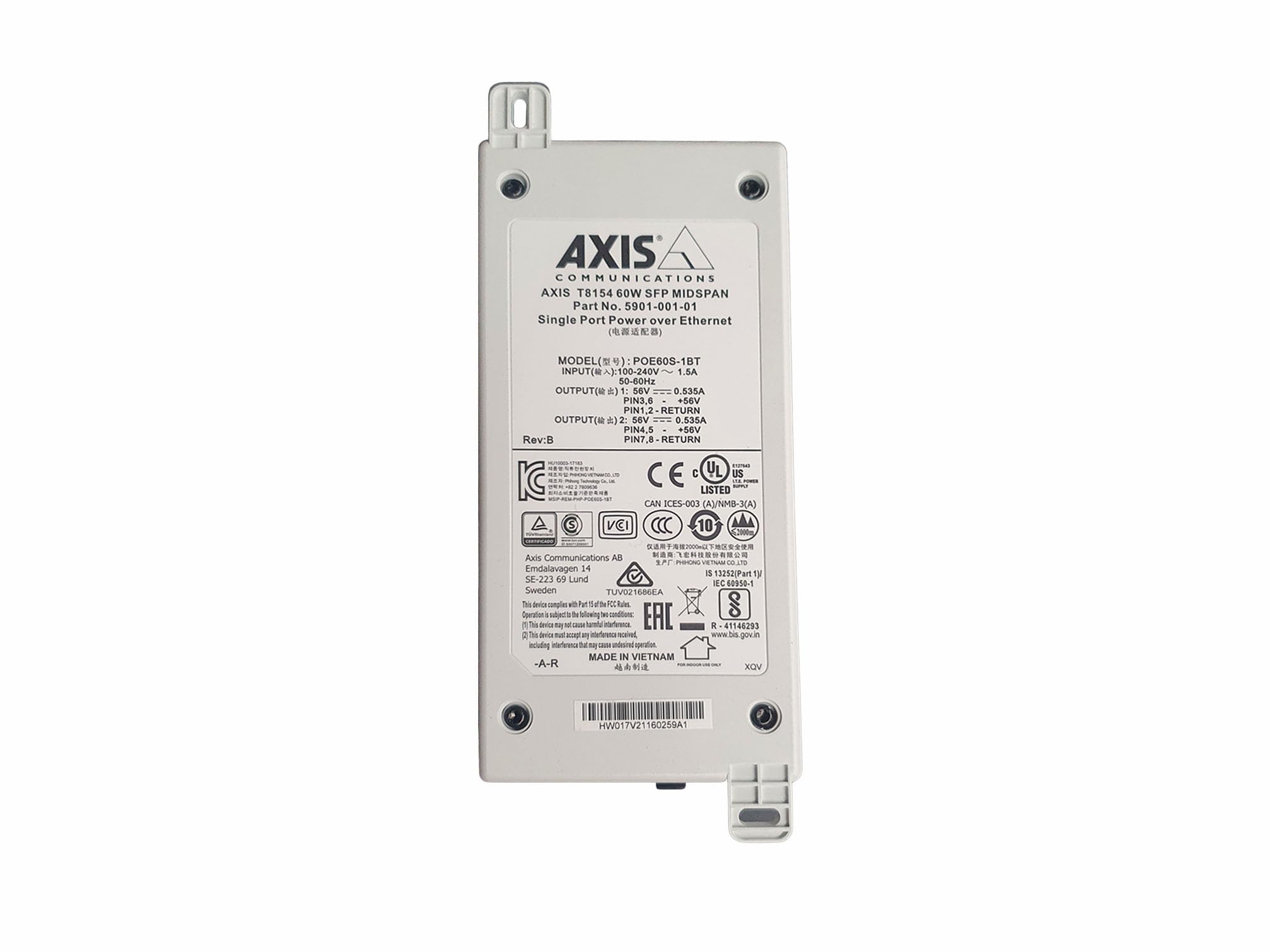 Axis Communications 5901-004 T8154 60W SFP Midspan Media Converter