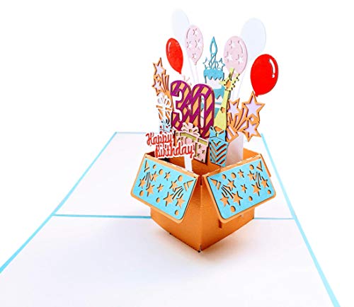 iGifts And Cards Happy 30th Blue Birthday Party Box 3D Pop Up Greeting Card - Thirty, Awesome, Cute, Congrats, Unique, Gift, Presents, Celebration, Feliz CumpleaƱos, Balloons