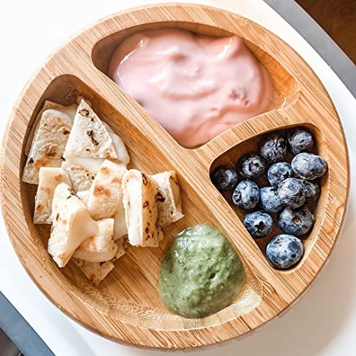 Avanchy Baby Toddler Feeding Suction Plate + Soft Tip Spoon Babies Set | Divided Bamboo Stay Put Plates | BPA Free | Fits Most Highchairs | 7” × 2” - Blue