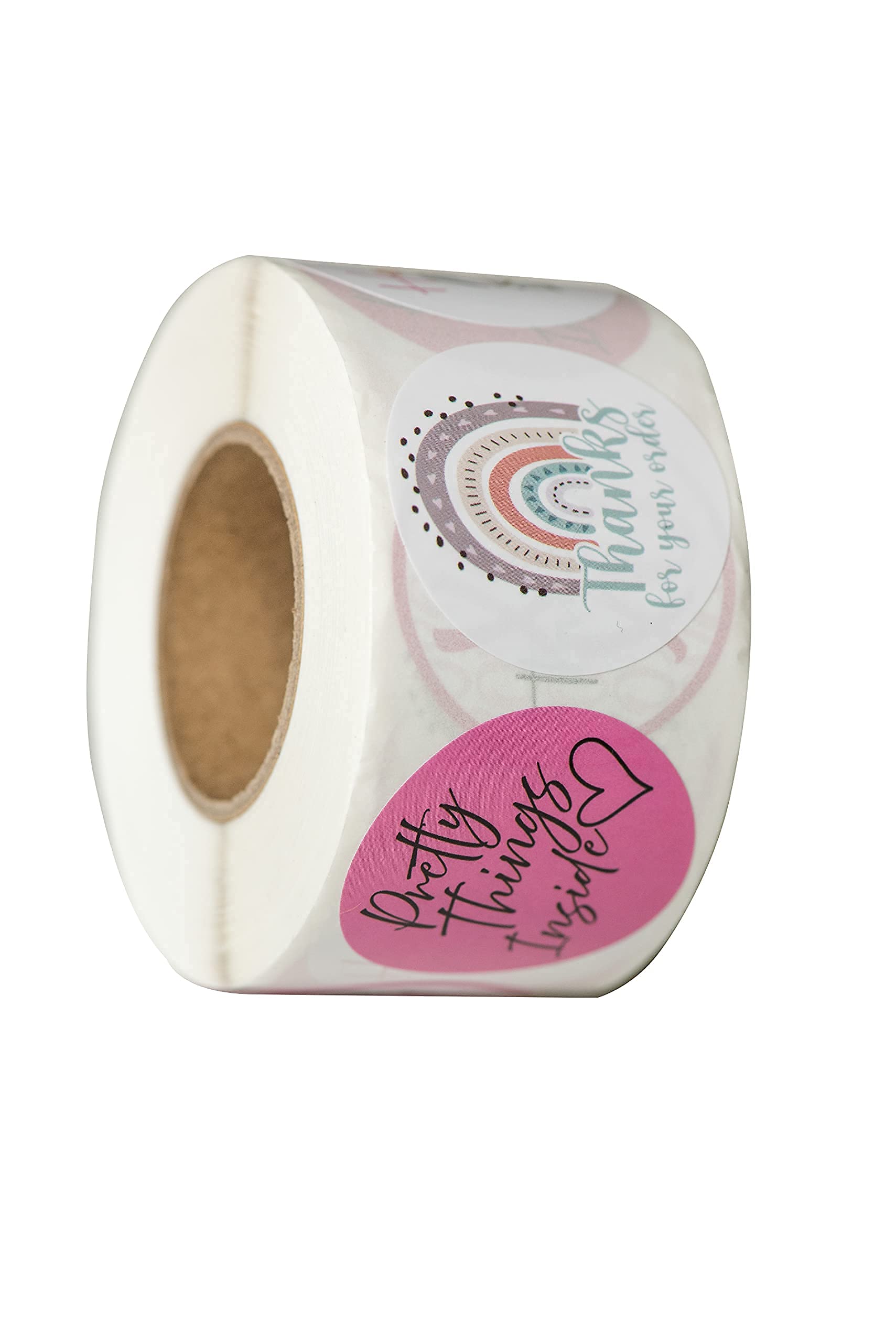Assorted Cute Packaging Stickers - Roll of 500 - Four Fun Designs - 1.5" Round Glossy Sealers for Small Business - Happy Mail - Thank You for Your Business/Pretty Things Inside