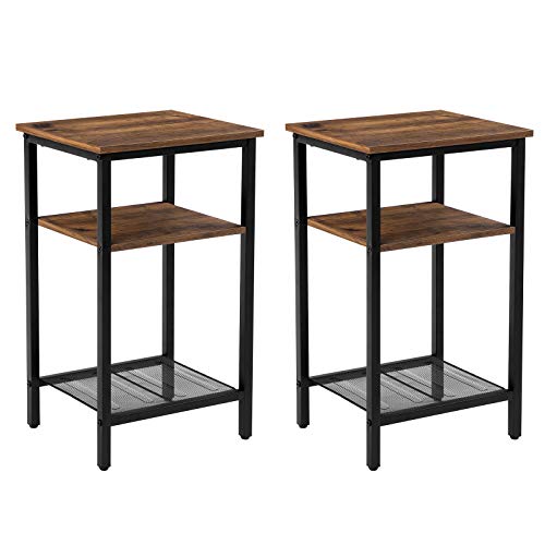 VASAGLE Nightstands Set of 2, 3-Tier End Table, Side Desk for Small Space in Living Room, Bedroom, Steel Frame, Easy Assembly, 2-Pack, Chestnut Brown and Black