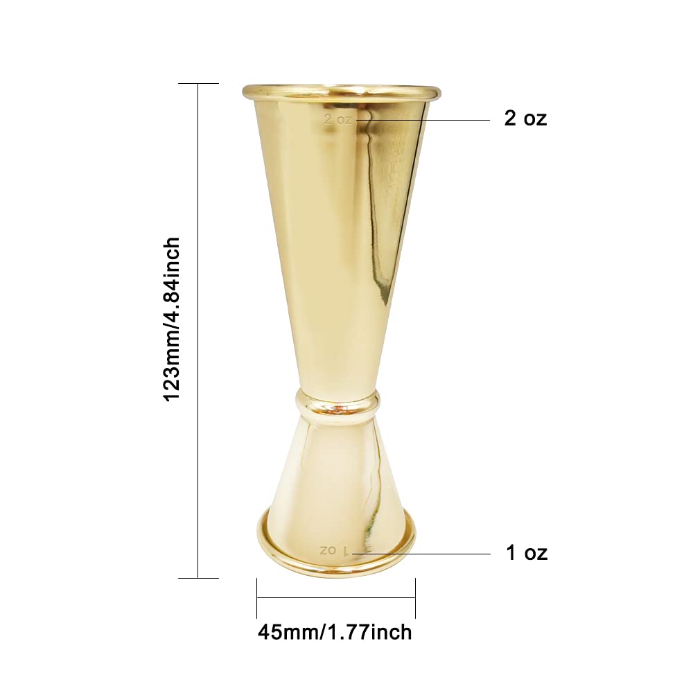 2 PCS Japanese Style Double Jigger, findTop 1oz / 2oz Stainless Steel Measure Liquor Cocktail Jiggers with Interior Measurements (Gold)
