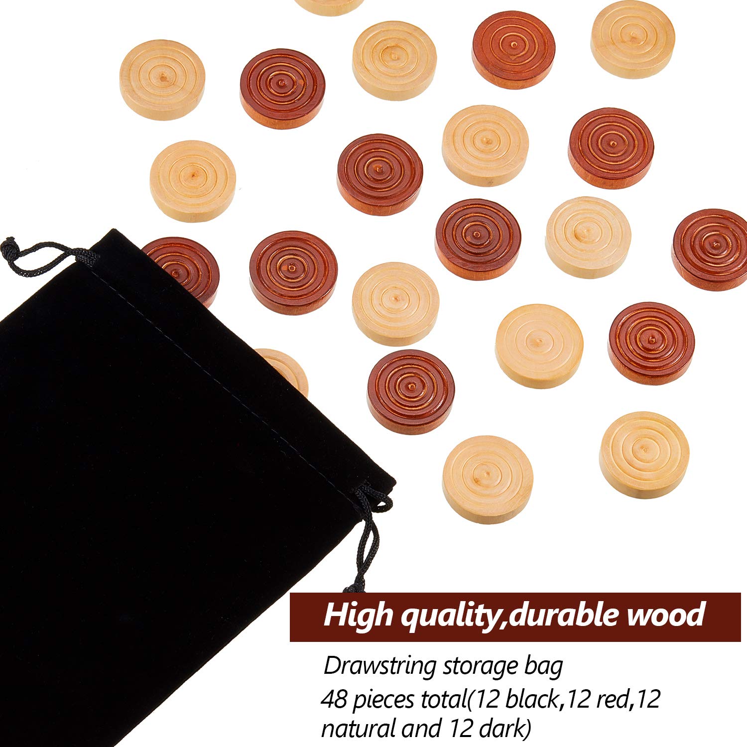 48 Pieces Wooden Checkers 1.06 Inch Wooden Checkers Pieces with Stackable Ridge in Drawstring Storage Pouch Red Black Dark Brown Wood Color (Red, Black, Dark Brown, Natural Color)