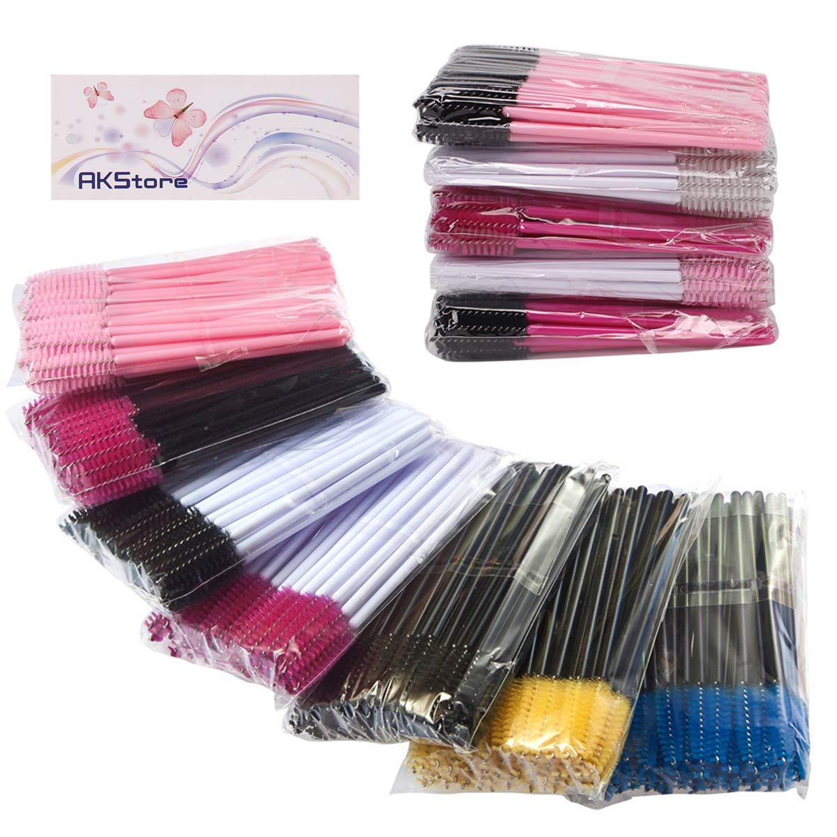 AKStore 200 PCS Disposable Eyelash Brushes Mascara Wands Eye Lash Eyebrow Applicator Cosmetic Makeup Brush Tool Kits (White-Pink)