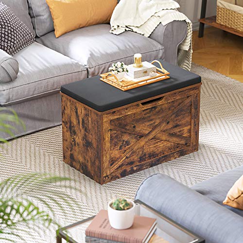 VASAGLE Padded Shoe Bench with Cushioned Seat, Storage Chest Cabinet, Barn-Door Style, 15.7 x 29.9 x 18.9 Inches, Rustic Brown