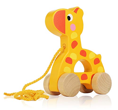 Adorable Giraffe Wooden Animal Pull Toy - Solid Wood Educational Baby Toy for Toddler Boys and Girls Age 18 Months, and Up - Classic Developmental Pull Toy