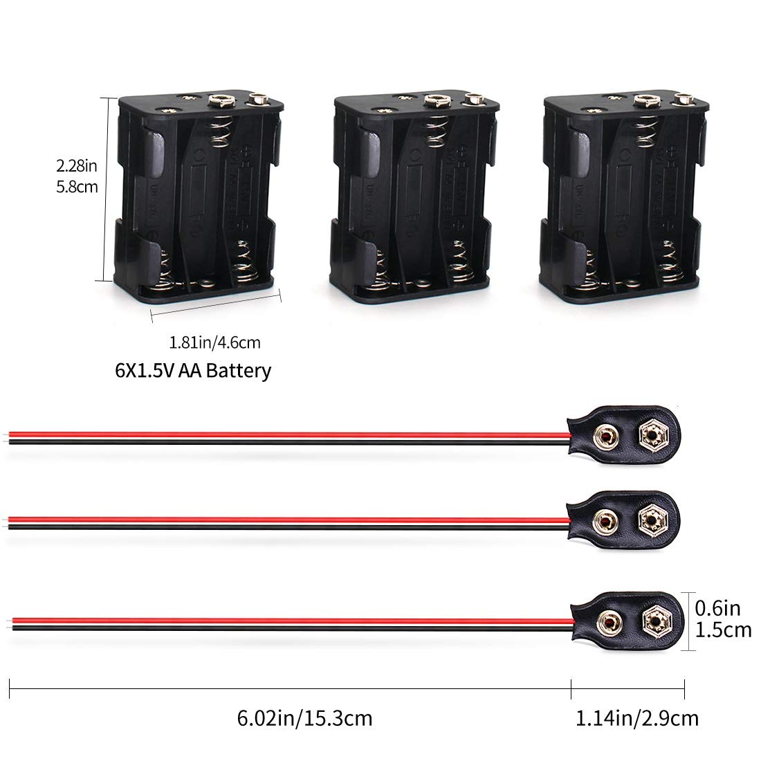 3SET 4 AA 6 X 1.5V (9V) Thicken Battery Holder with I Type Wired Battery Clip Standard Snap Connector Plastic Housing Batteries Wire Case Holder Case