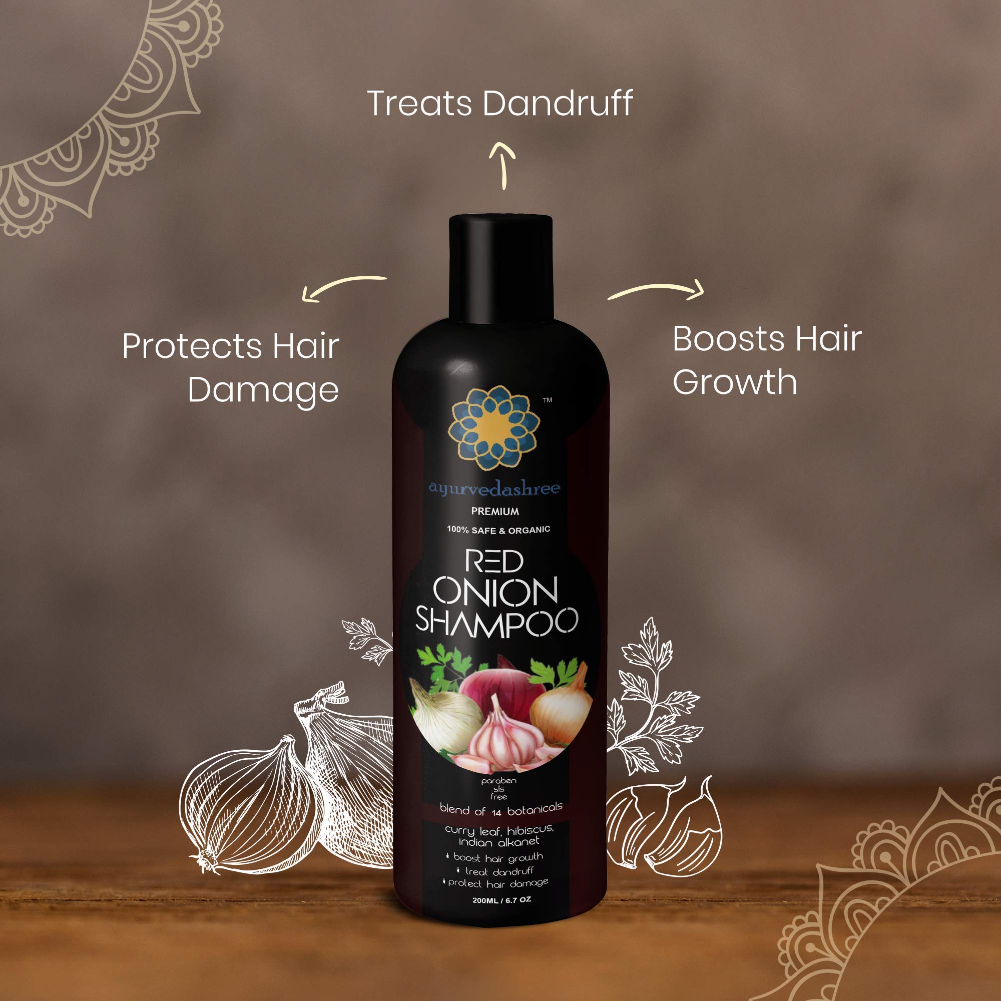 AYURVEDASHREE Red Onion Hair Growth & Hair Fall Control Shampoo – With Curry Leaf, Hibiscus, Indian Alanket, Blend of 14 Botanicals 200ML - SLS and Paraben Free - 100% Safe & Premium- All Hair Type