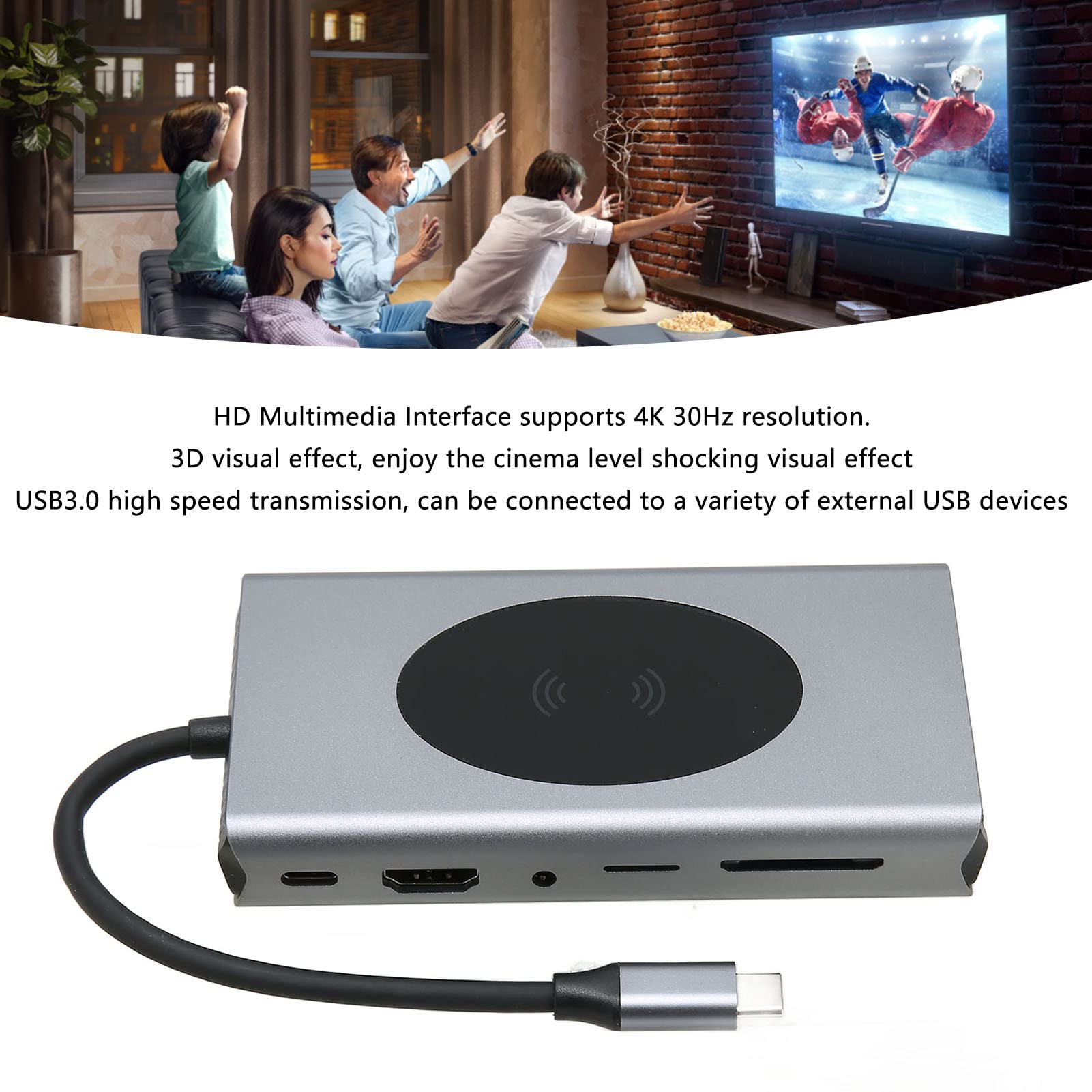 13 in 1 USB C Hub, USB C Splitter, Type C to HD Multimedia Interface VGA 5 X USB3.0 Memory Card Storage Card RJ45 PD AUDIO3.5 Wireless Charging 10W, Gray