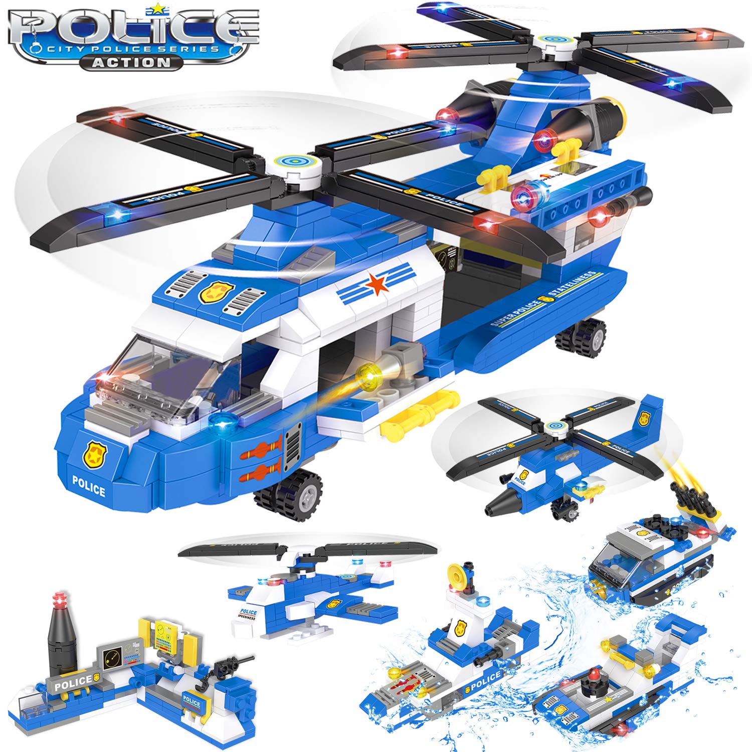 1648 Pieces City Police Armed Transport Helicopter Toy Building Blocks Set with Plane, Police Boat, Ship, Blocks Storage Box, Learning and Roleplay Construction Toy Gift for Boys Girls 6-12