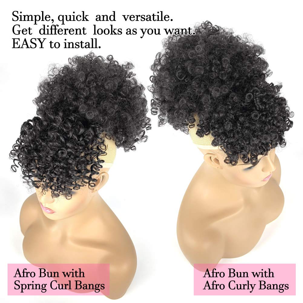 Allyreetress Afro Puff Drawstring Ponytail with Bangs Pineapple Updo Hair for Black Women,Short Kinky Curly Ponytail Bun with 2 Replaceable Bangs(#1B-Black)