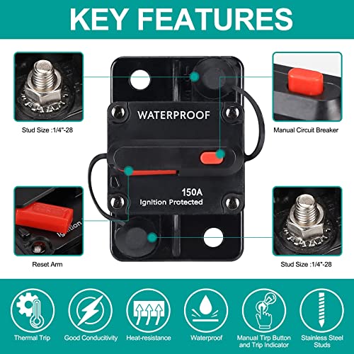 150 Amp Circuit Breaker,with Manual Reset,Waterproof, 12V-48V DC, 30-307A,for Car Marine Trolling Motors Boat ATV Manual Power Protect for Audio System Fuse (JTST0009)