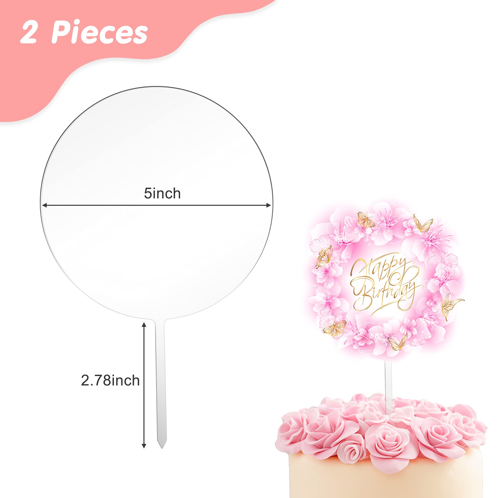 2 Pieces 5 Inch Round Acrylic Cake Toppers Round Clear Cake Topper Blanks DIY Birthday Cake Topper for Personalized Custom Wedding, Birthday Festival Party Cake Decorations