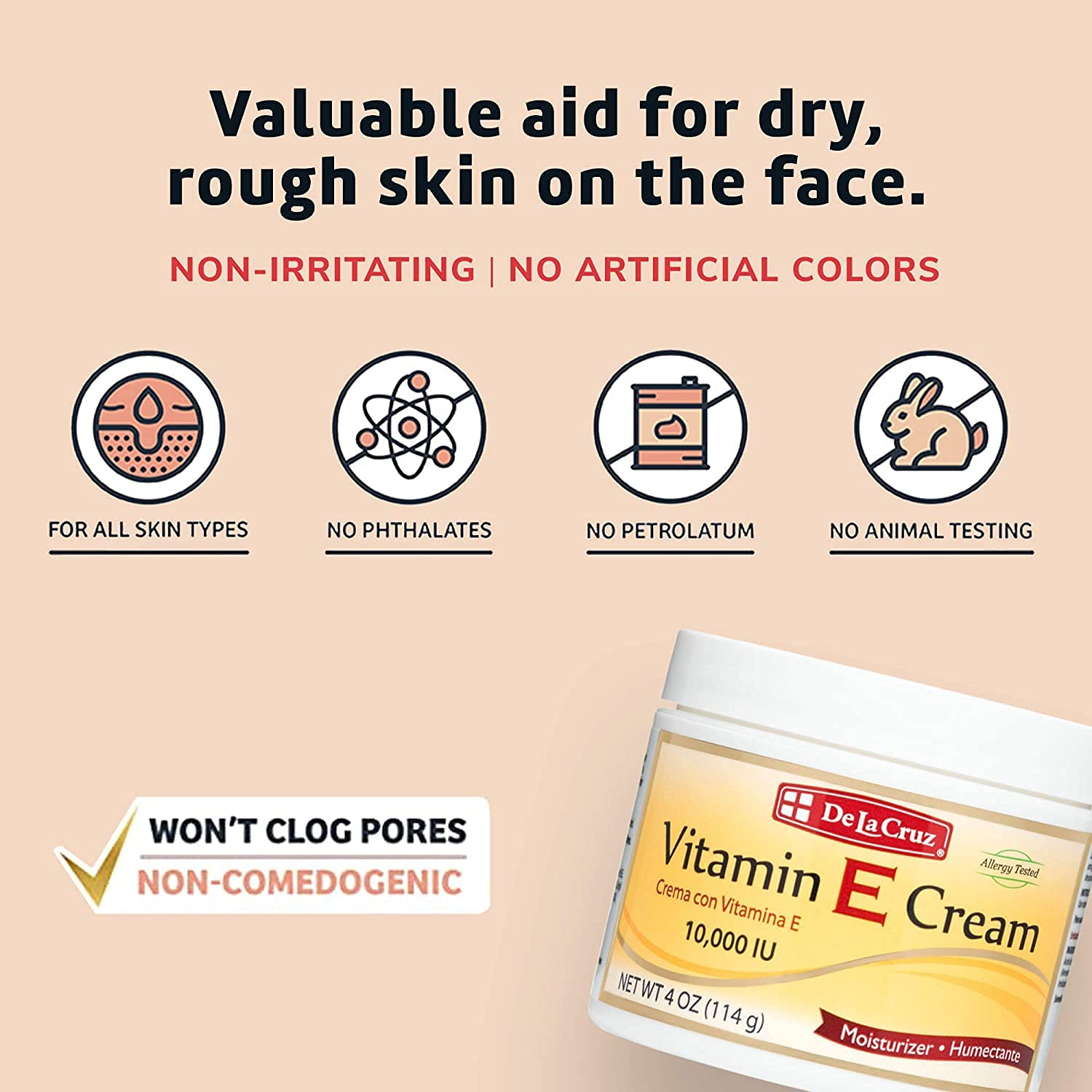 De La Cruz Vitamin E Cream Moisturizer for Face and Neck - Moisturizing Anti-Aging Skin Care for All Skin Types - Made in USA, 4 OZ. (2 Pack)