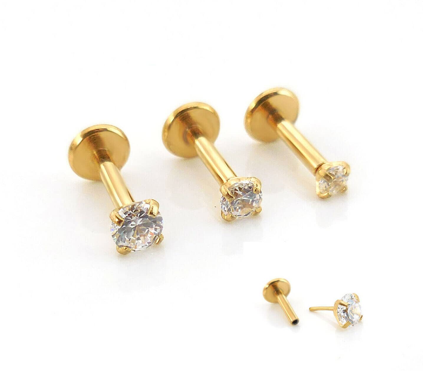 16G 1/4" Triple Forward Helix Stud Earring Gold Tone Cartilage 2-4mm Threadless Push Pin Prong Set CZ Stone Tragus Ring (2,2.5,3mm Stones)