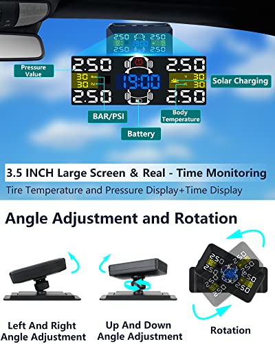 2023 Upgrade Tire Pressure Monitoring System 【Detached Bracket】 Wireless Solar TPMS Monitor System Accuracy 0.01Bar Installed on Windowshield Real-Time Display 22-87 PSI for Car RV SUV